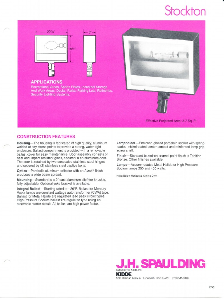 Spaulding Lighting Stockton Floodlight Spec Sheet 11-84 | PDF ...
