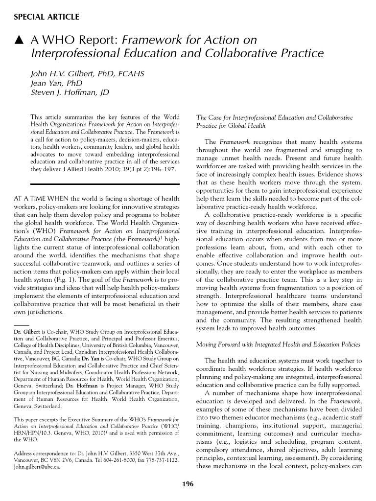 Interprofessional Education and Collaborative Practice: A WHO Report ...