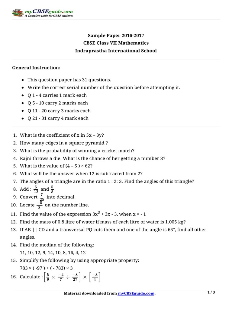 7 Maths Sample Papers PDF | PDF | Triangle | Geometry