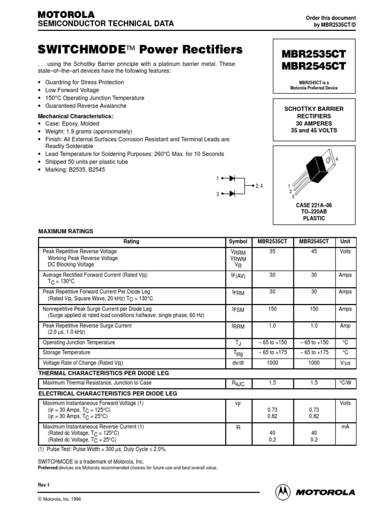 Semiconductor Technical Data: Mechanical Characteristics: Schottky Barrier Rectifiers 30 Amperes ...