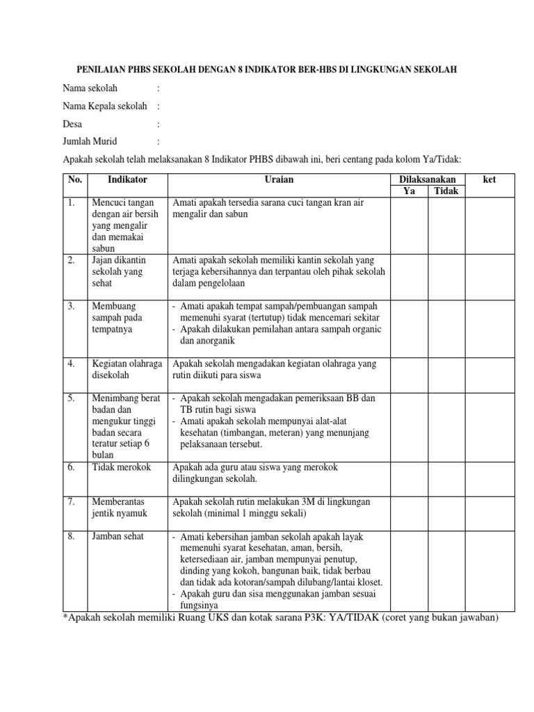 Penilaian Indikator PHBS Sekolah | PDF