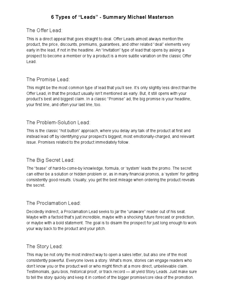 6 Types of Leads Summary Michael Masterson | PDF