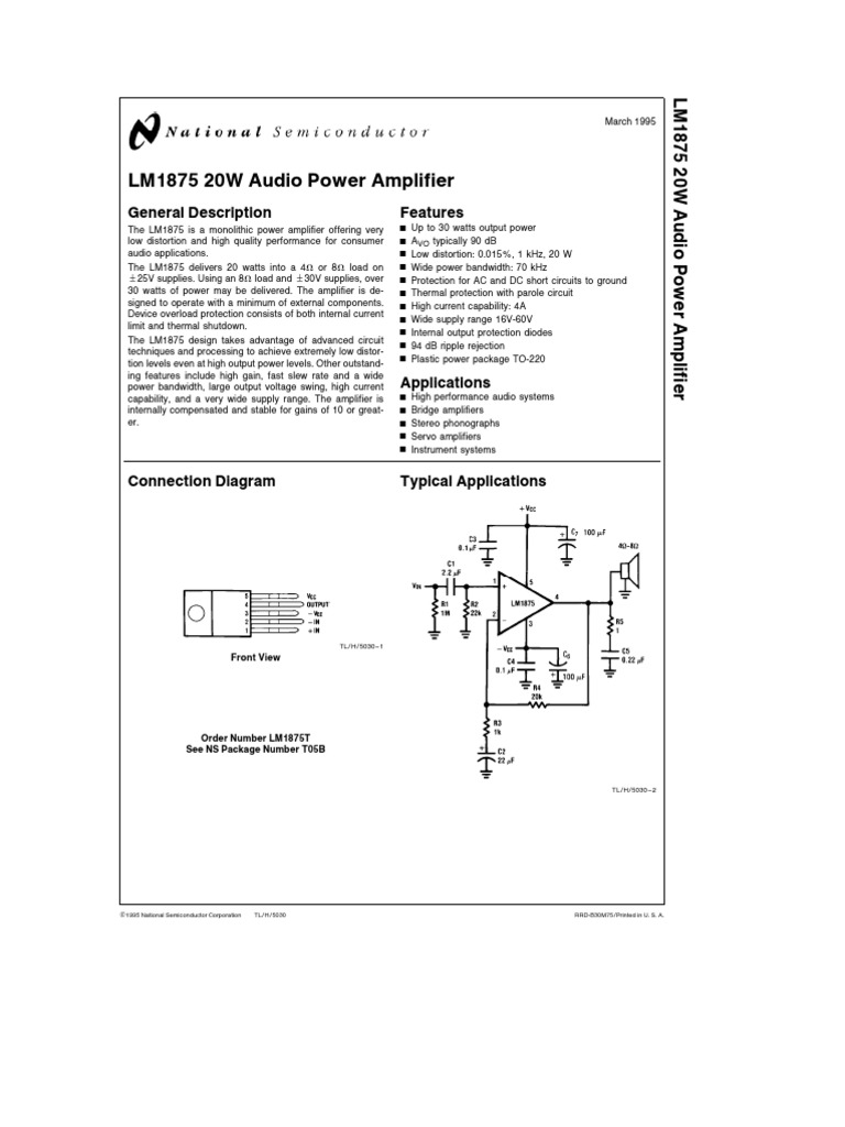 LM1875 20W Audio Amplifier Overview | PDF | Amplifier | Capacitor