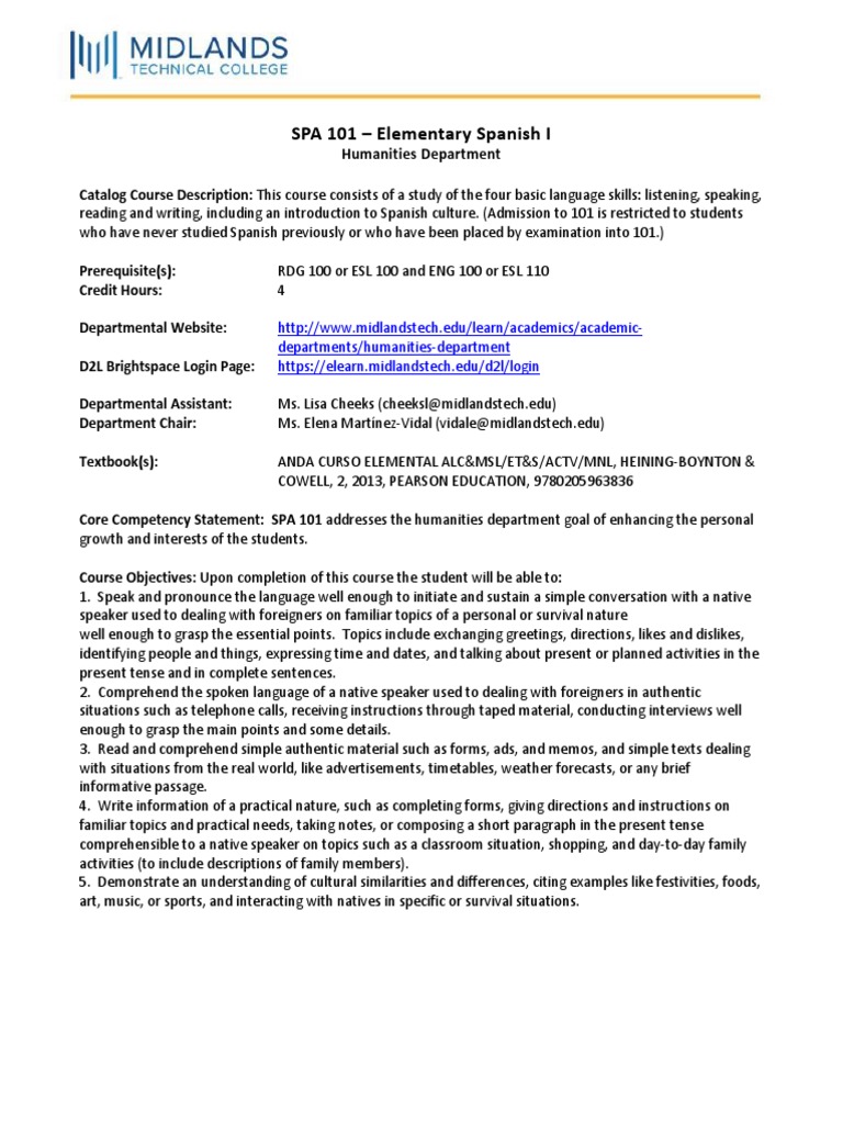 SPA 101 - Elementary Spanish I: Departments/humanities-Department | PDF ...