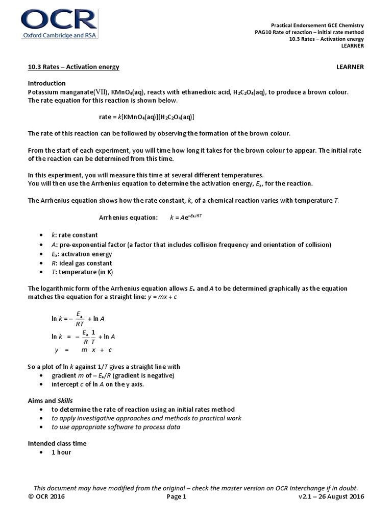 Chemistry PAG 10.3 Learner v2.1 | PDF | Reaction Rate | Activation Energy