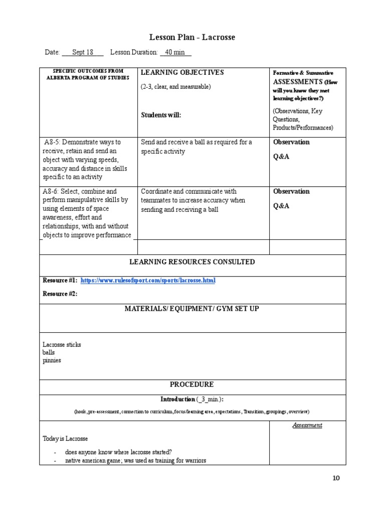 Lesson Plan - Lacrosse: Learning Objectives Assessments | PDF ...