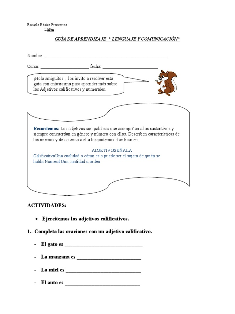 Guía de Aprendizaje: Adjetivos en Lenguaje | PDF | Adjetivo | Evaluación