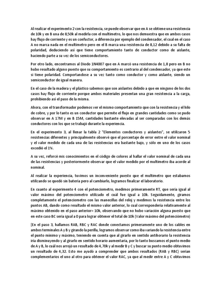 Conclusiones Experimento 1 | PDF | Resistencia Eléctrica y Conductancia | Aislador (Electricidad)