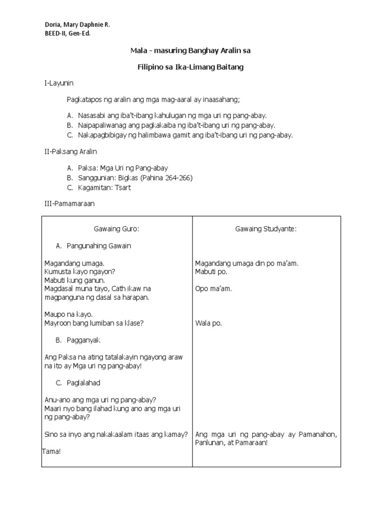 Fil Detailed Lesson Plan Pdf