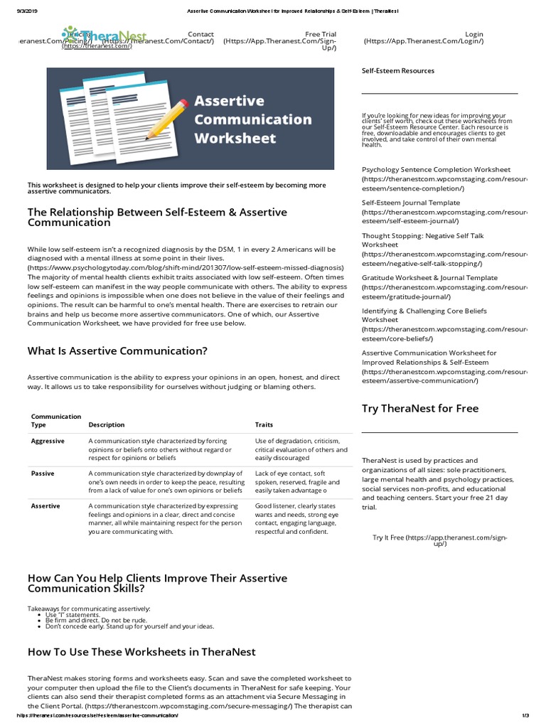 Assertive Communication Worksheet For Improved Relationships & Self ...