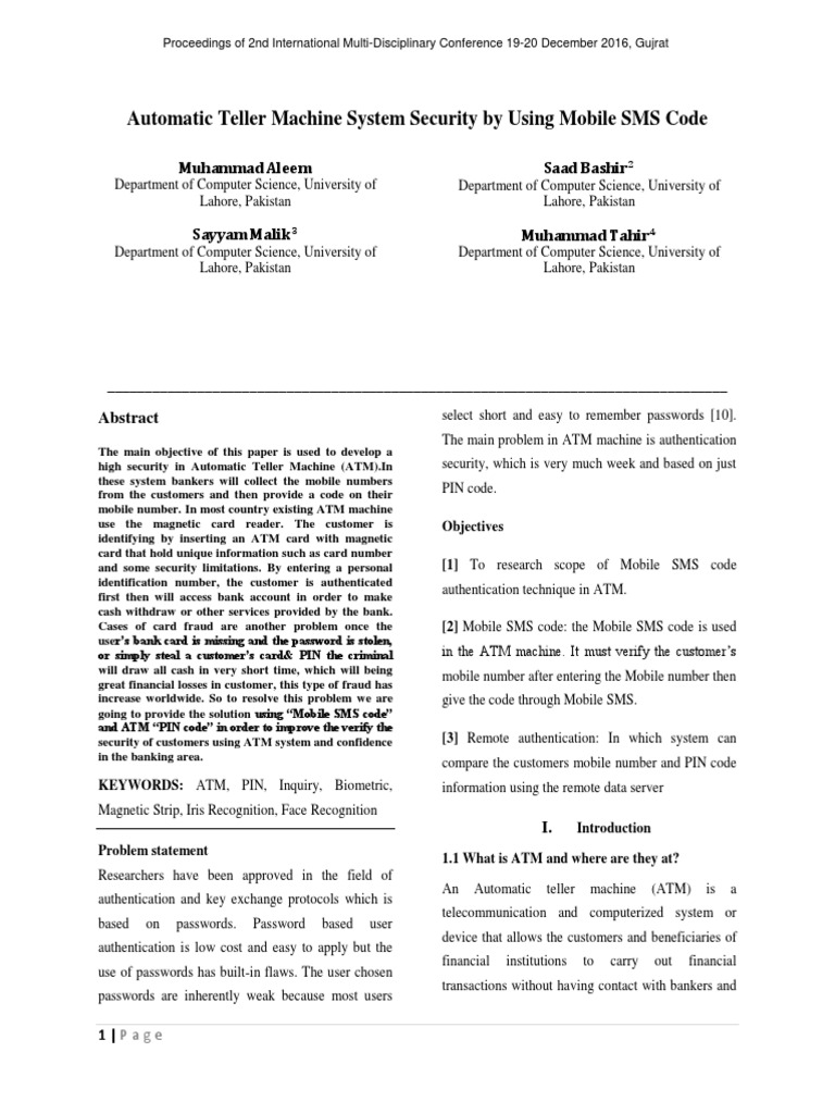 Automatic Teller Machine System Security by Using Mobile SMS Code | PDF | Automated Teller ...