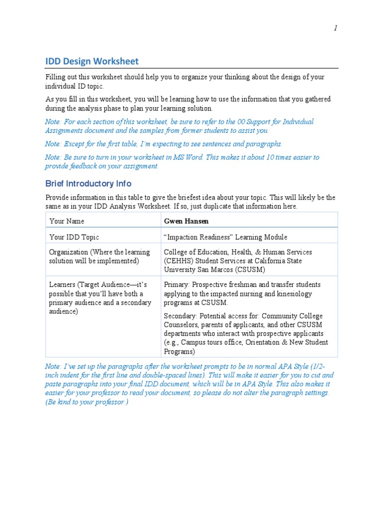 IDD Design Worksheet: Brief Introductory Info | PDF | University And ...