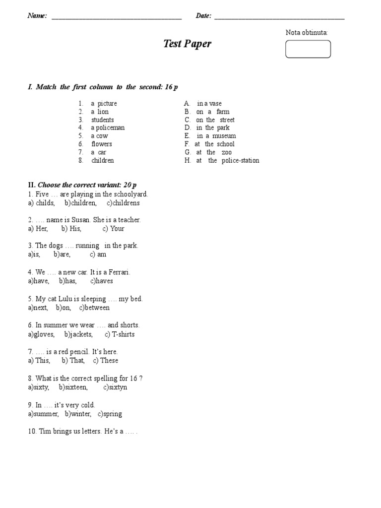 Test Paper: I. Match The First Column To The Second: 16 P | PDF