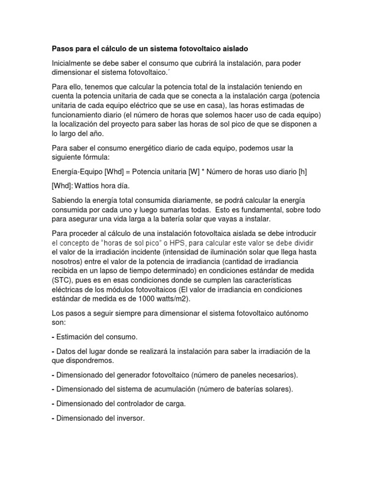 Pasos para El Cálculo de Un Sistema Fotovoltaico Aislado | PDF | Fotovoltaica | Panel solar