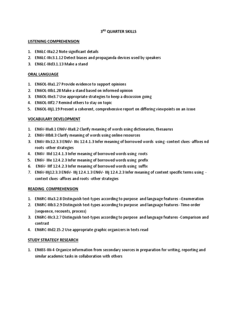 3rd Quarter Skills | PDF | Reading Comprehension | Psychological Concepts