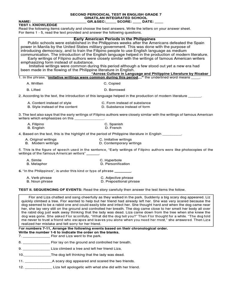 Second Periodical Test in English Grade 7 | PDF | Philippines | Phrase