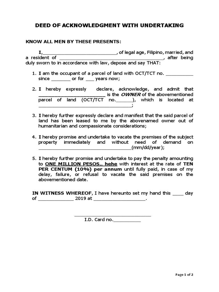 Deed of Acknowledgement With Undertaking | PDF | Civil Law (Common Law) | Justice