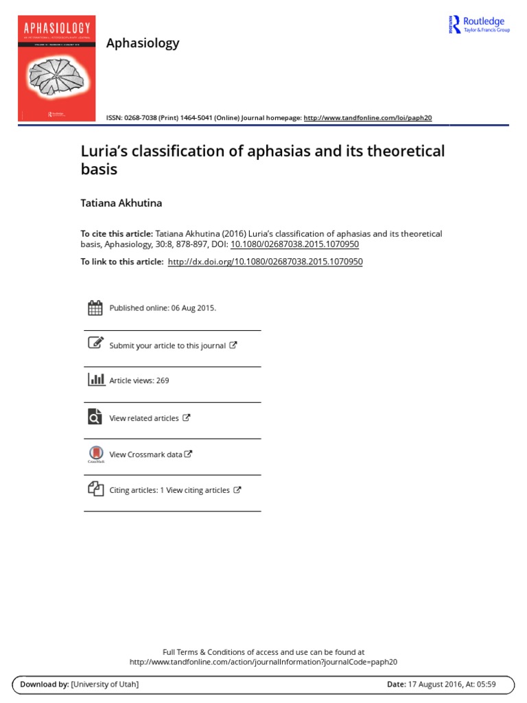 Luria's Classification of Aphasias and Its Theoretical Basis (2016 ...