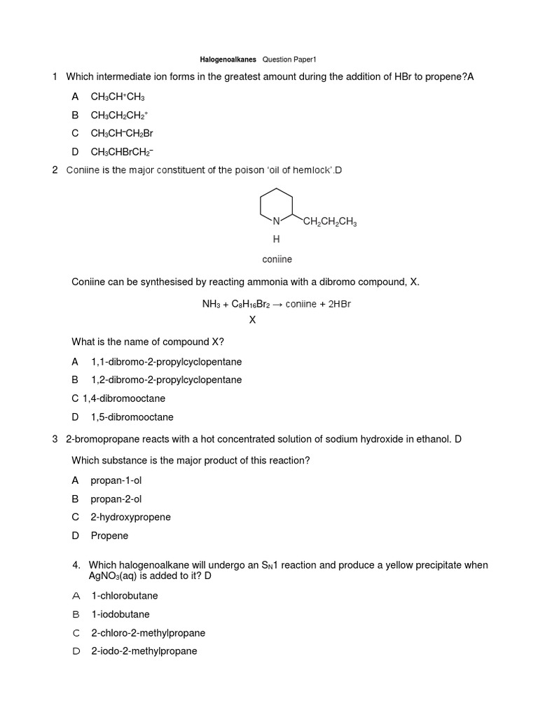 Halogenoalkanes Qp. Answers - Multichoice | PDF | Chemical Reactions ...