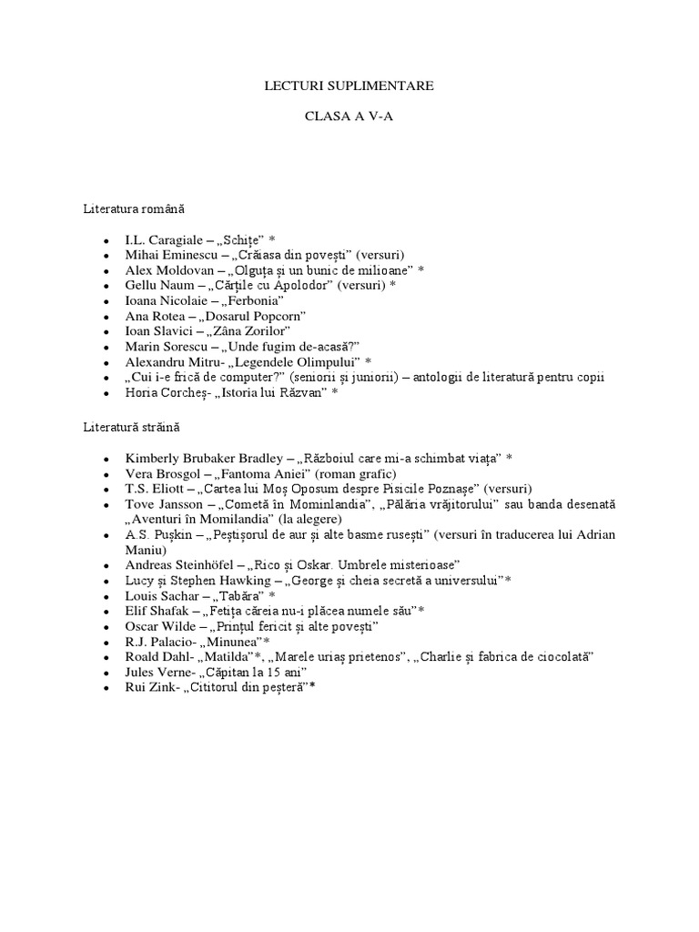 Lista de Lecturi Clasa A V-A | PDF