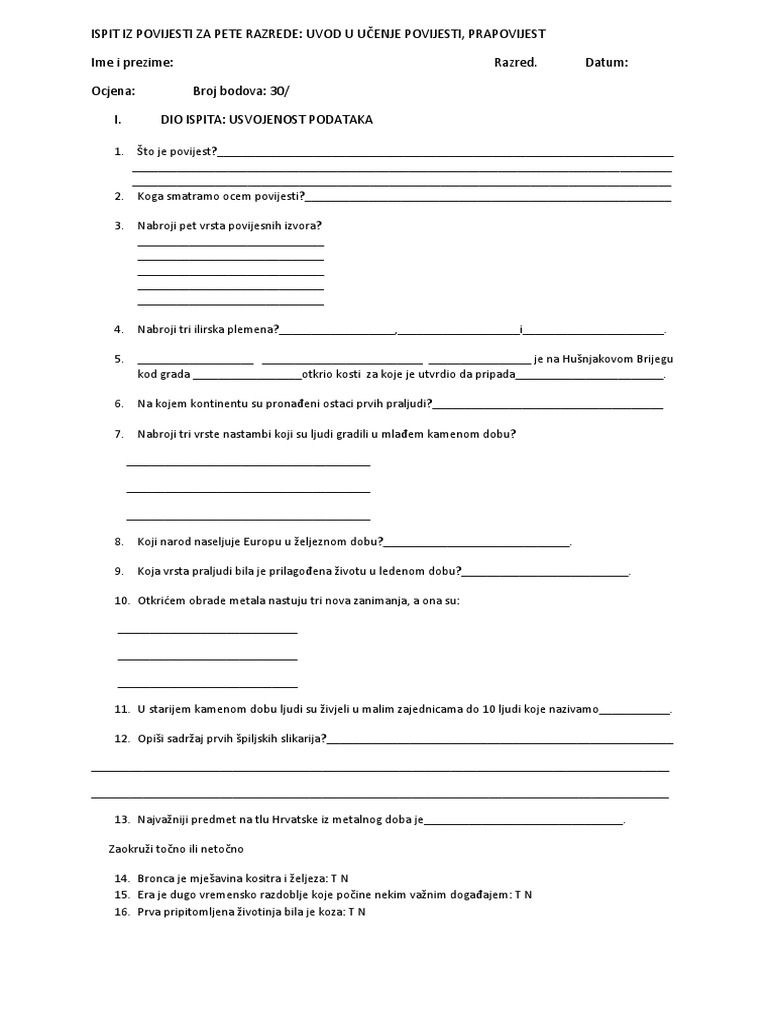 Ispit Iz Povijesti Za Pete Razrede Uvod U Učenje Povijesti I Prapovijest Varijanta B | PDF