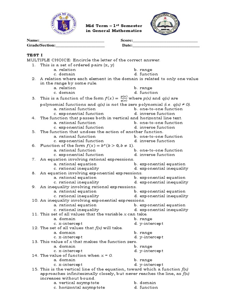 General Mathematics 1st Sem Mid Term Exam | PDF | Function (Mathematics ...