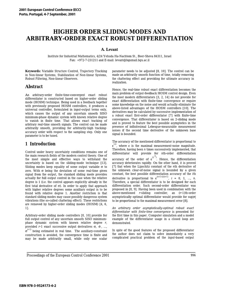 Higher Order Sliding Modes and Arbitrary-Order Exact Robust Differentiation | PDF | Control ...