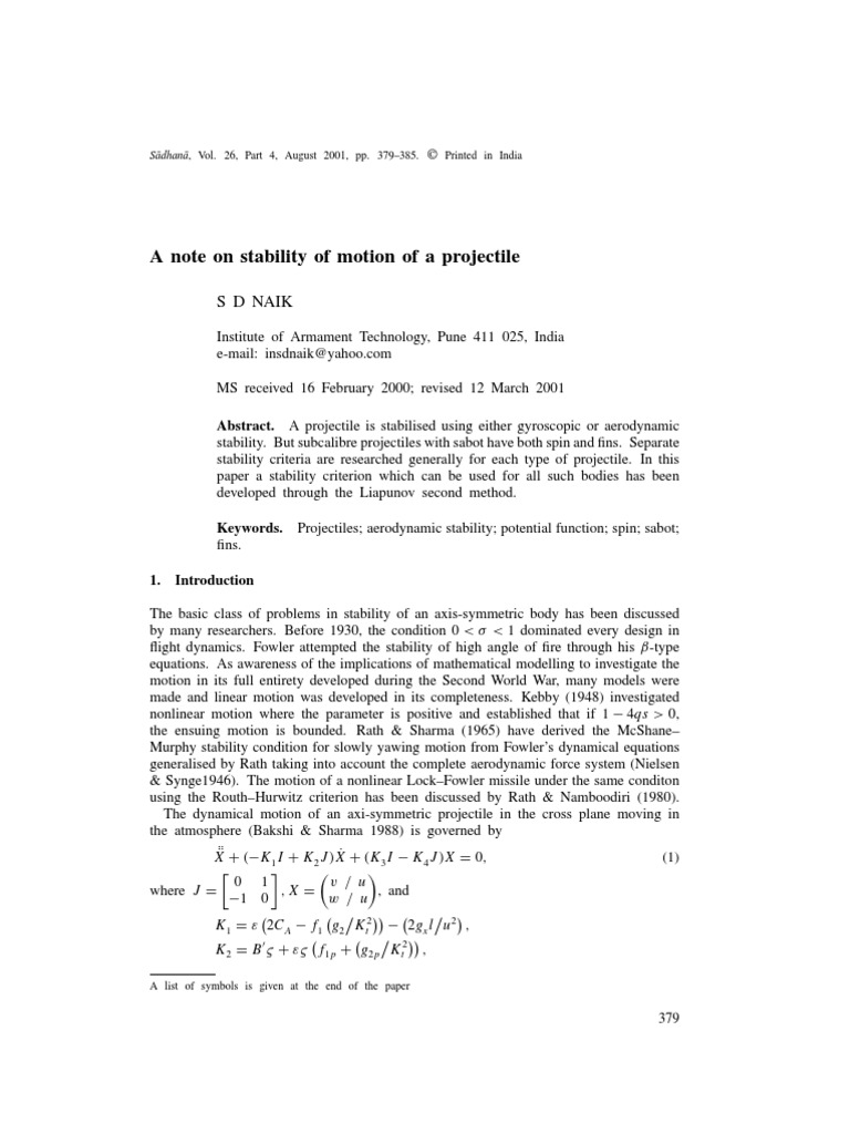 A Note On Stability of Motion of A Projectile | PDF | Stability Theory ...