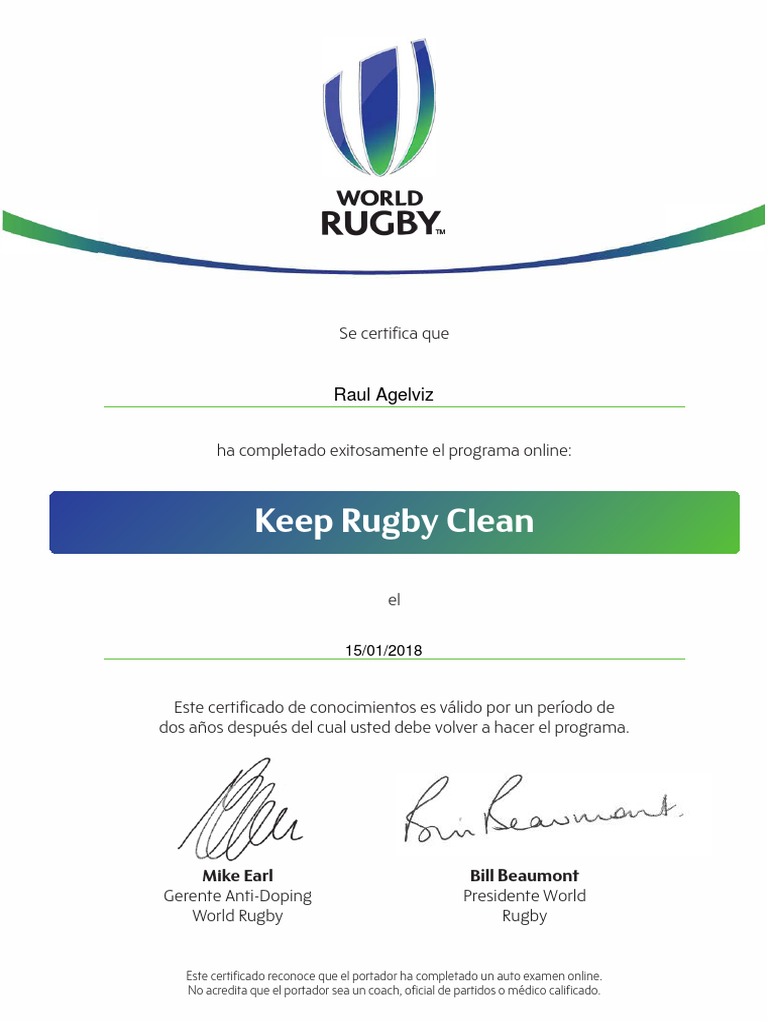 Certificado Keep Rugby Clean 2018 | PDF | Salud y bienestar