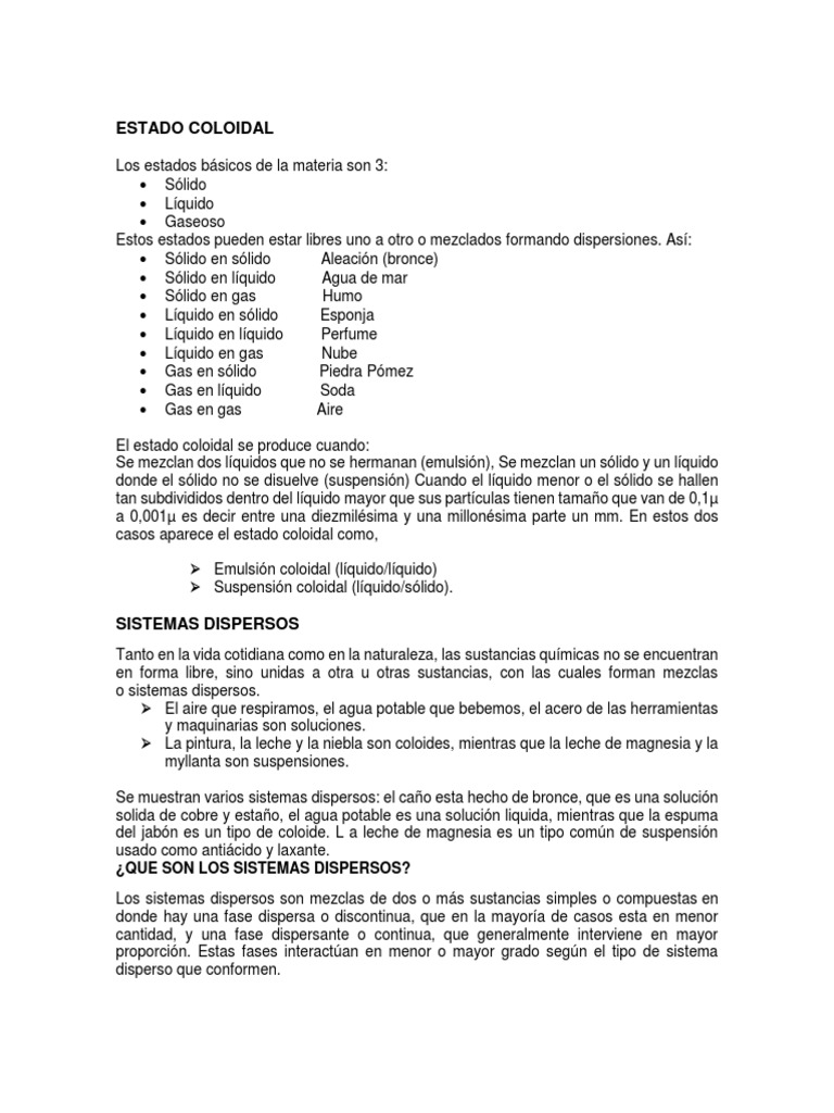 Estado Coloidal | PDF | Coloide | Suspensión (Química)