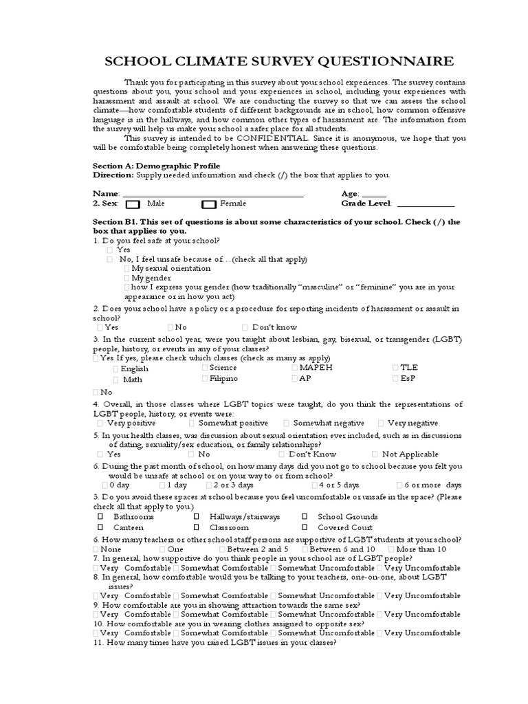 School Climate Survey Questionnaire | PDF | Homophobia | Harassment