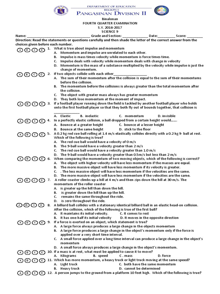 Science 9 Fourth Quarter Exam Review | PDF | Kilowatt Hour | Momentum