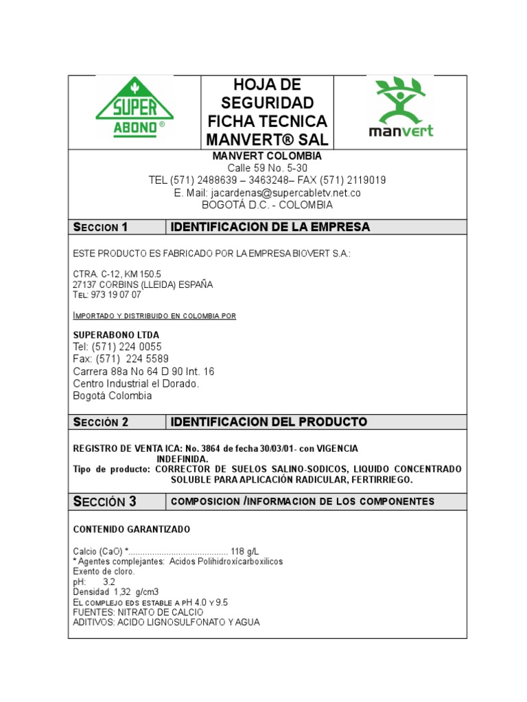 Hoja de Seguridad y Ficha Tecnica Manvert Sal | PDF | Calcio | Suelo