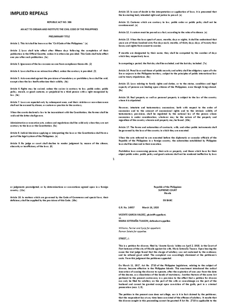 Implied Repeals | PDF | Repeal | Divorce