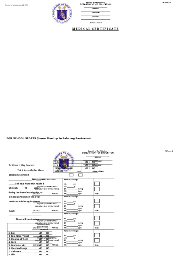 Medical Certificate: FOR SCHOOL SPORTS (Lower Meet Up To Palarong ...