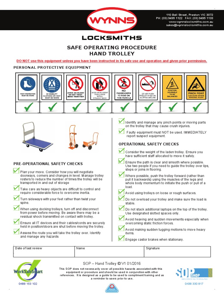 Safe Operating Procedure Hand Trolley: Personal Protective Equipment ...
