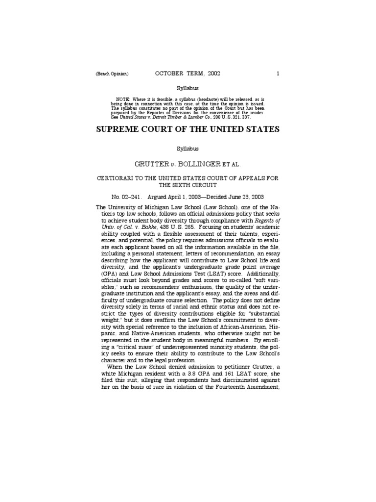Grutter v. Bollinger | PDF | United States Law | Supreme Court Case Law