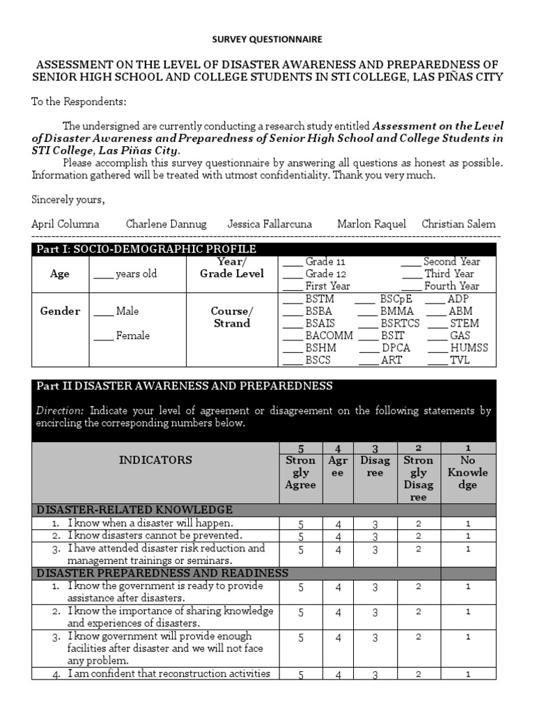 Survey Questionnaire - Disaster Awareness and Preparedness - Sti | PDF ...