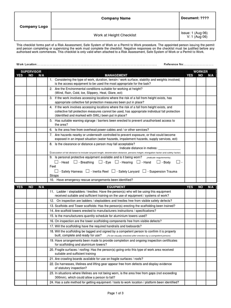 A Comprehensive Work at Height Safety Checklist | PDF | Ladder ...