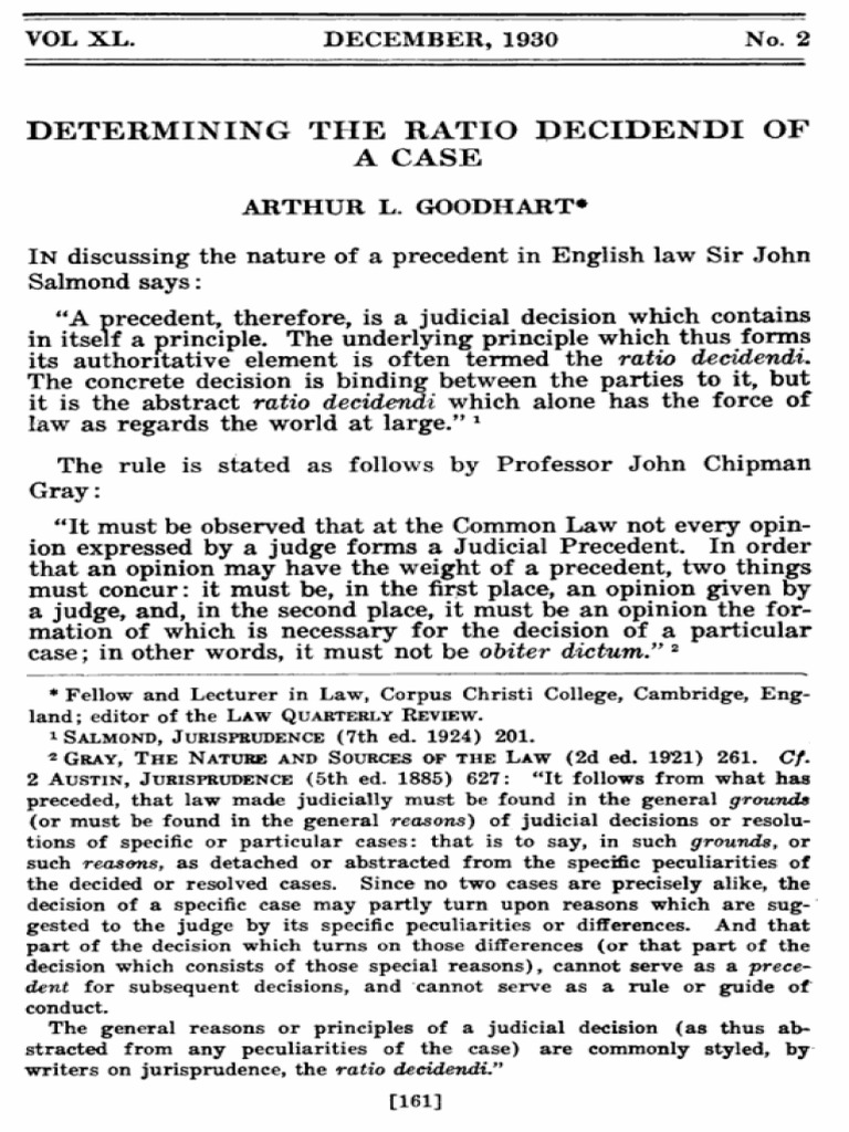 Arthur Goodhart - Determining The Ratio Decidendi of A Case | PDF ...