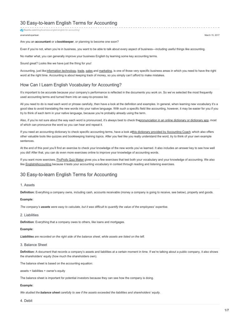 Essential Accounting Vocabulary Guide | PDF | Debits And Credits ...