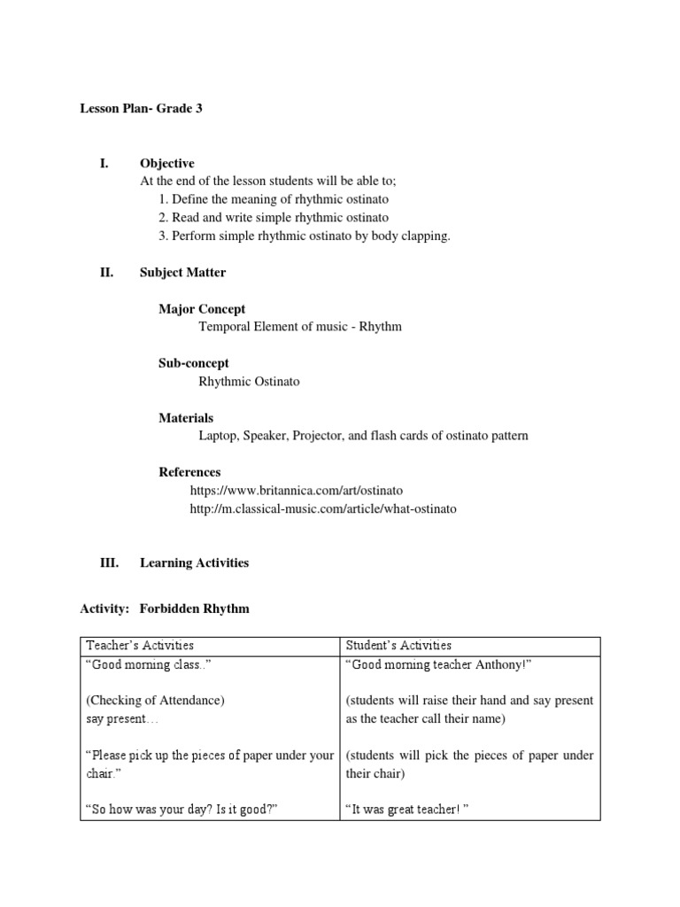 Ostinato Lesson Plan | PDF | Applause | Rhythm