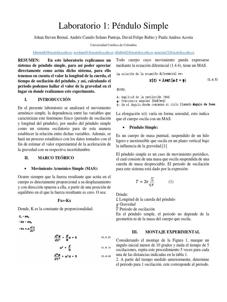 Pendulo Simple Lab | PDF | Péndulo | Gravedad