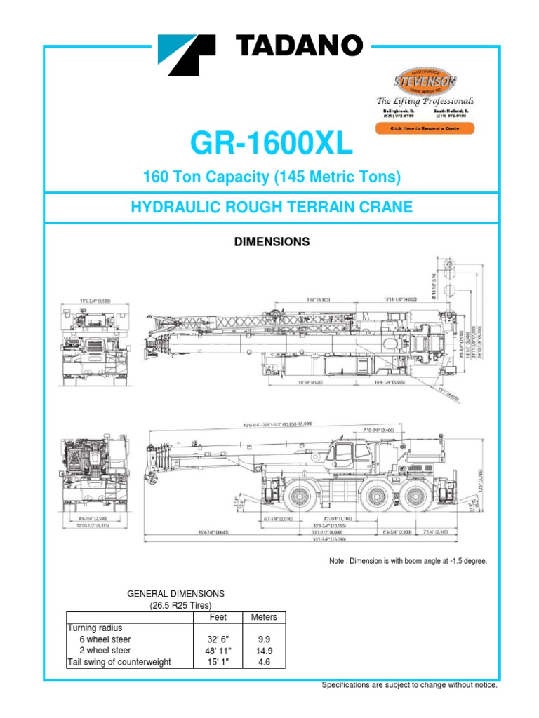 Tadano GR 1600XL Spec Sheet | PDF | Crane (Machine) | Automatic ...