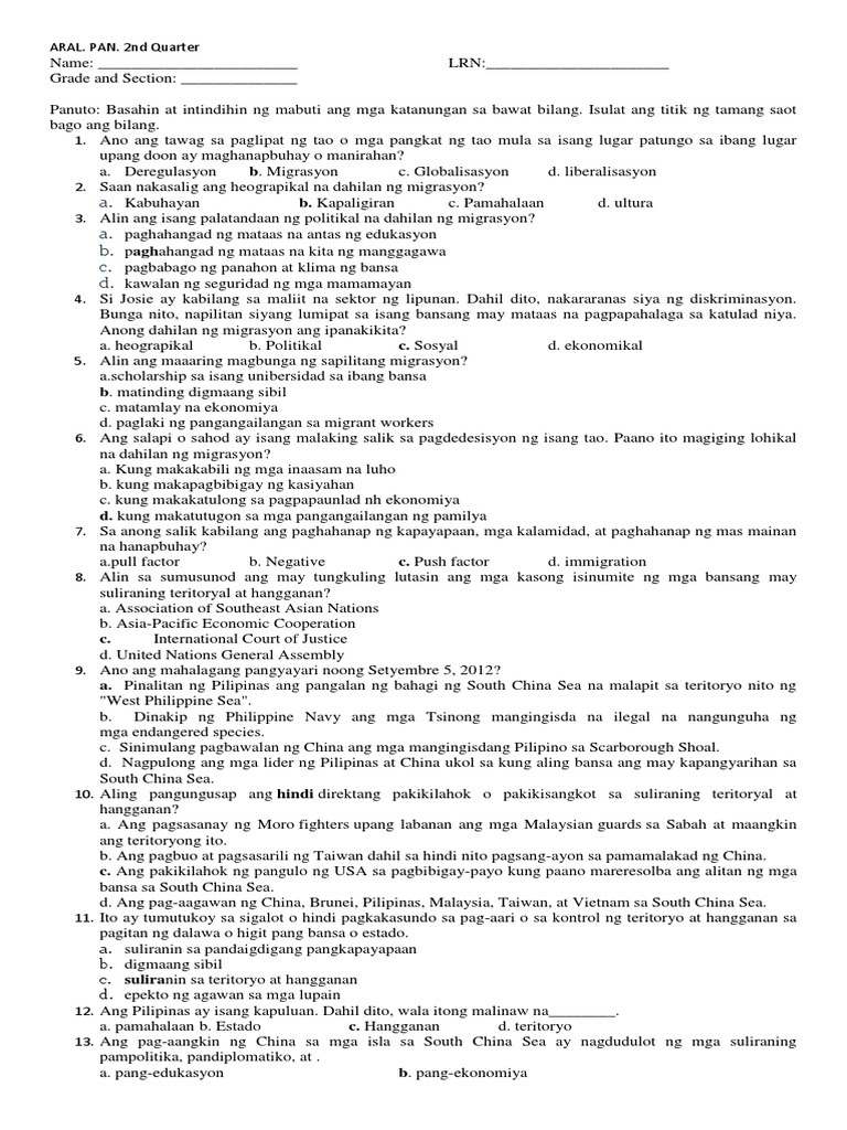 Aral Pan 2nd Quarter | PDF