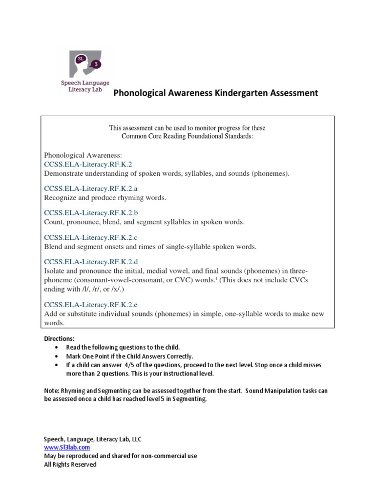 Kindergarten Phonological Awareness Assessment | PDF | Syllable | Writing