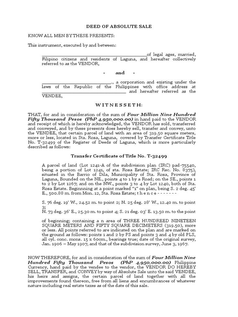Deed of Absolute Sale (PMP) | PDF | Land Lot | Civil Law (Common Law)