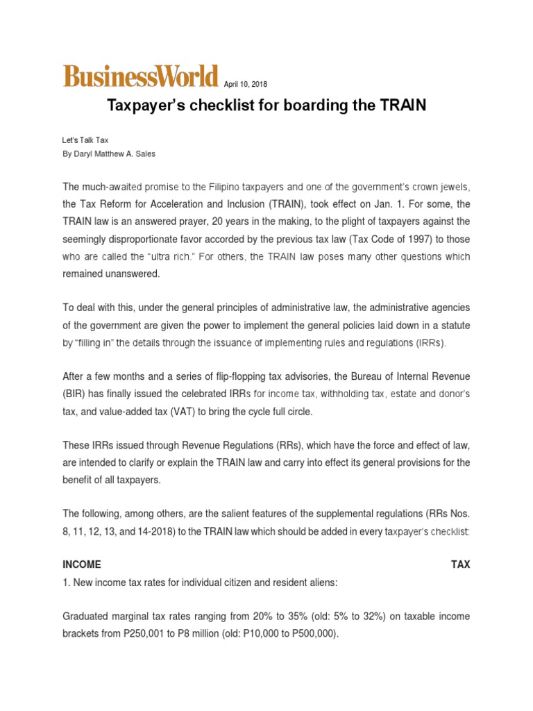 Taxpayer's checklist for TRAIN law changes | PDF | Withholding Tax ...