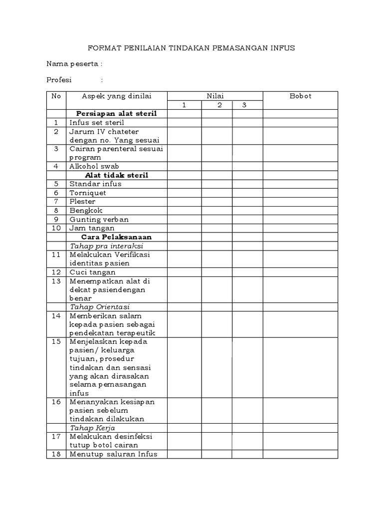 FORMAT PENILAIAN TINDAKAN PEMASANGAN INFUS Fix | PDF