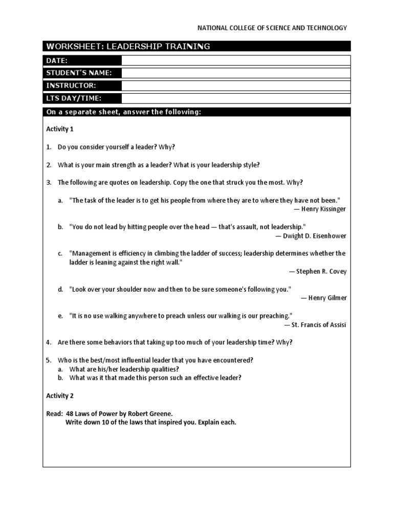 Worksheet Leadership Training | PDF | Self-Improvement | Science ...